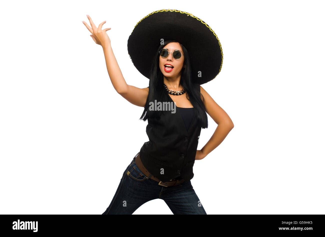 Young mexican woman wearing sombrero isolated on white Stock Photo - Alamy