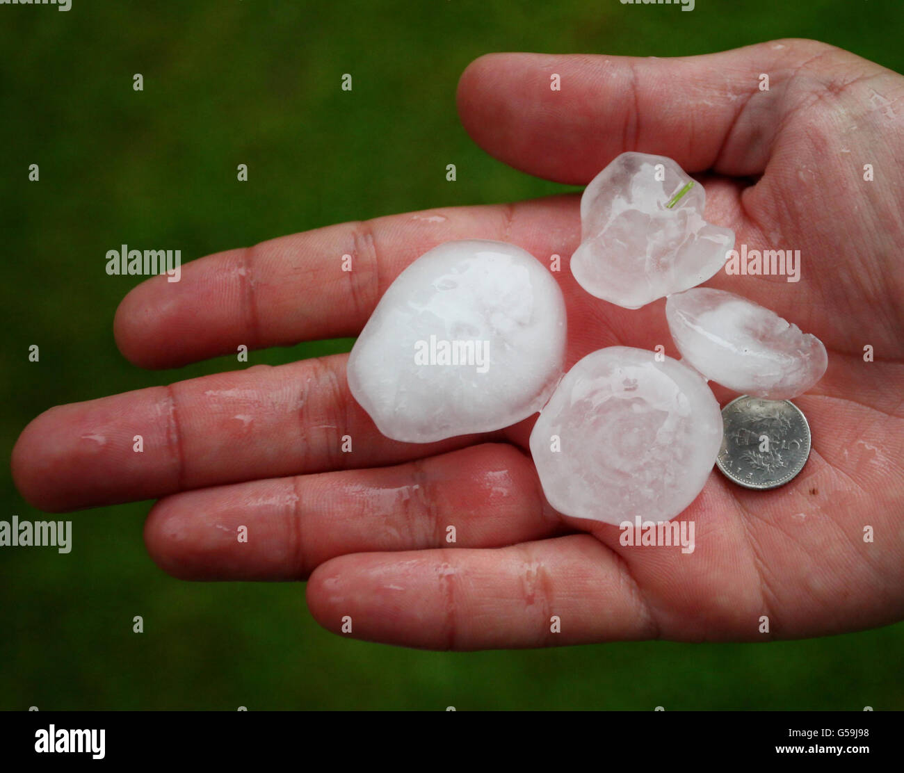 A general view of hail stones which fell in Belton, Nottinghamshire, as ...