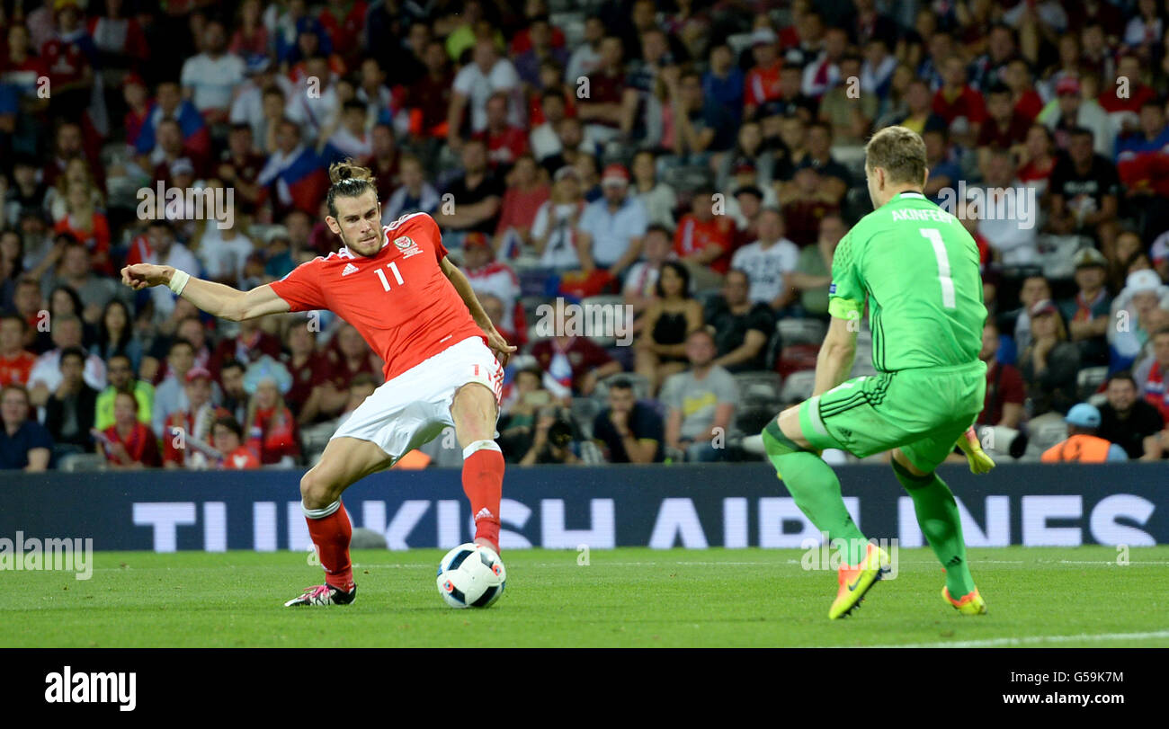 Wales' Gareth Bale scores his side's third goal of the game during the ...