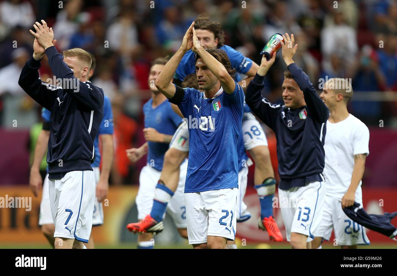 Italy's Andrea Pirlo (centre) and his team-mates applaud the fans after ...