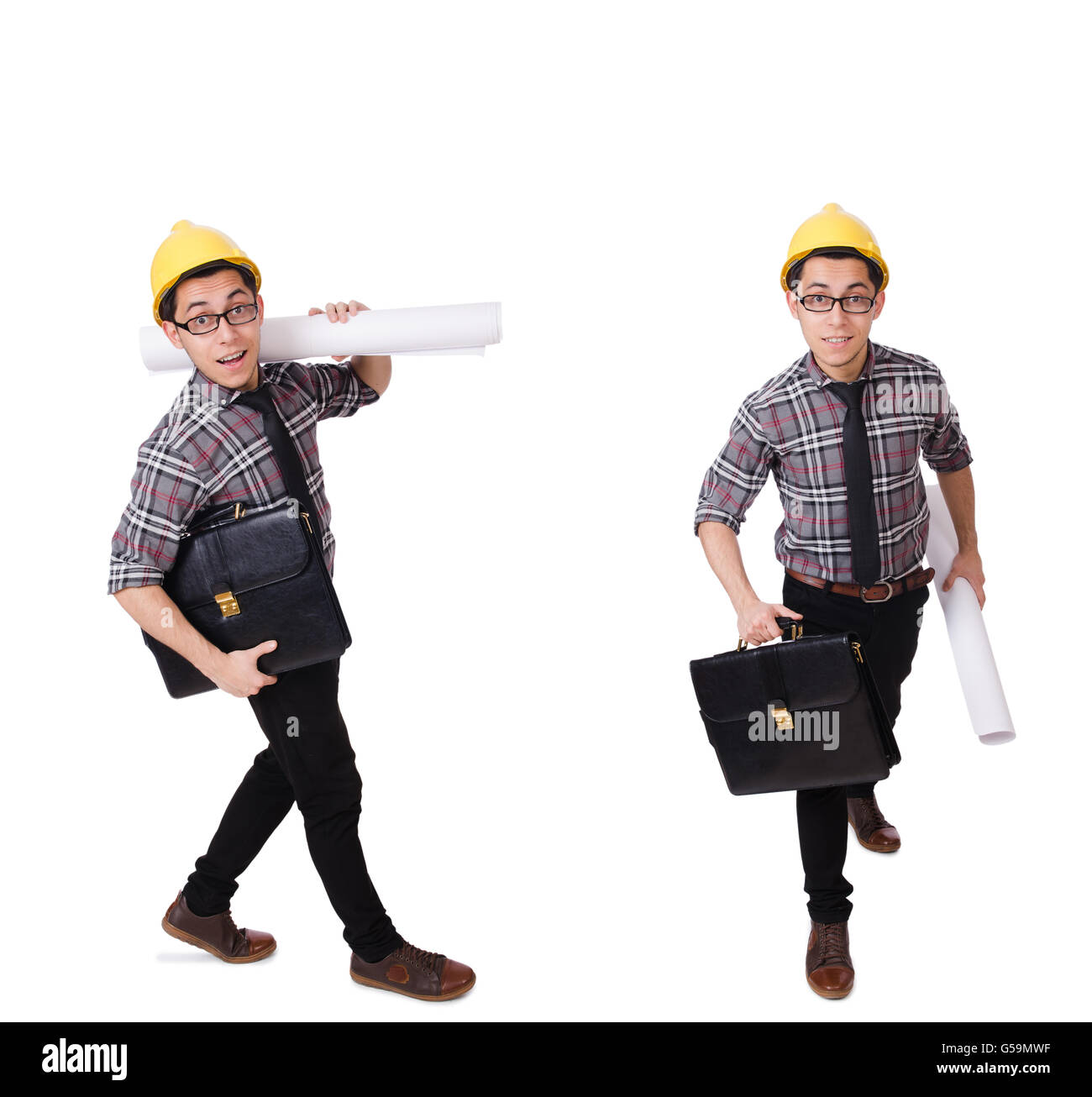 Funny man with blueprints on white Stock Photo - Alamy