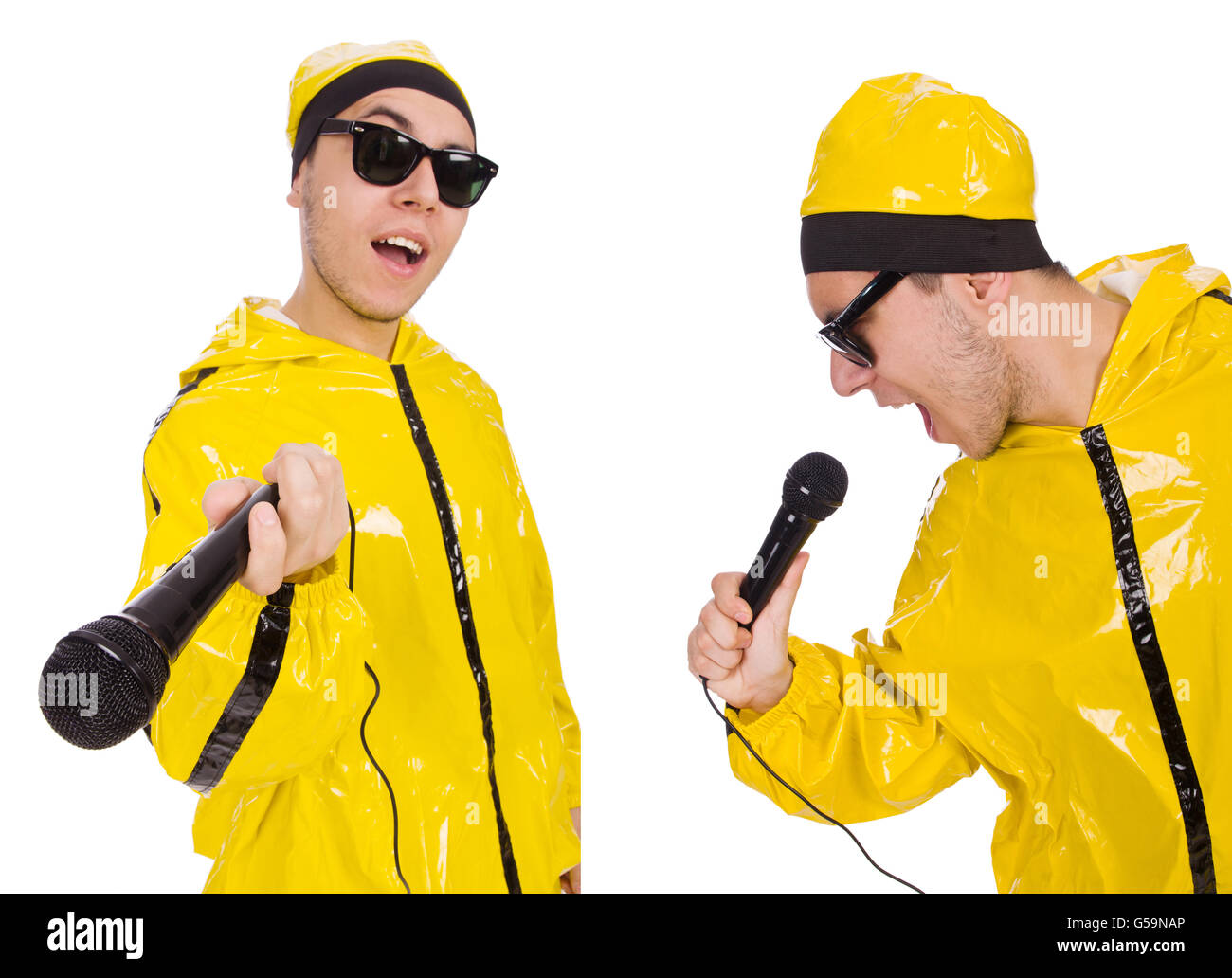 Funny performer with mic isolated on the white Stock Photo - Alamy
