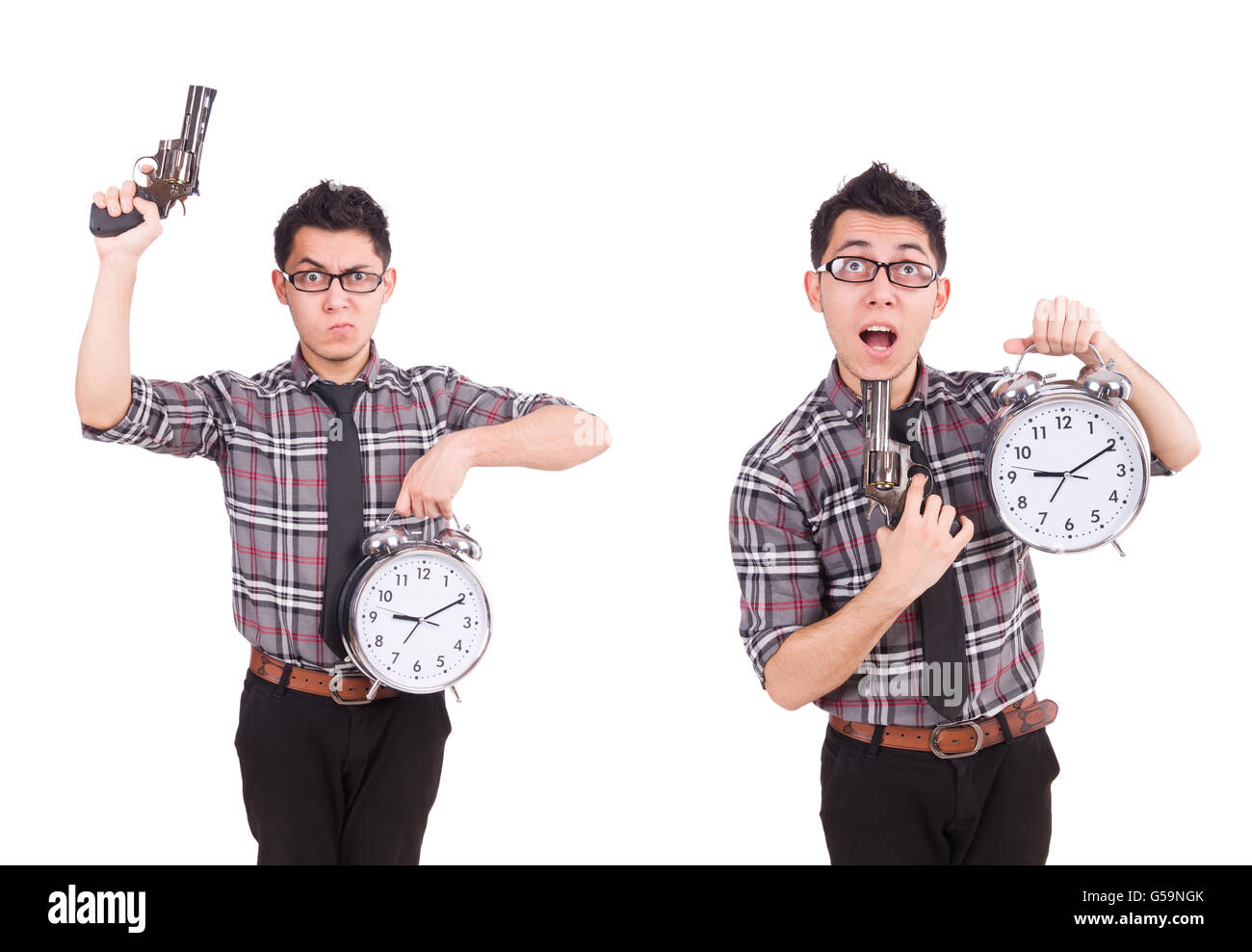 Young man with clock isolated on white Stock Photo - Alamy