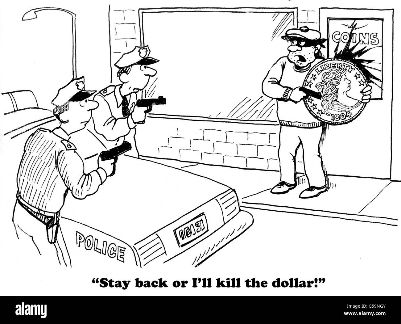 Cartoon about a robber stealing a valuable old coin Stock Photo - Alamy