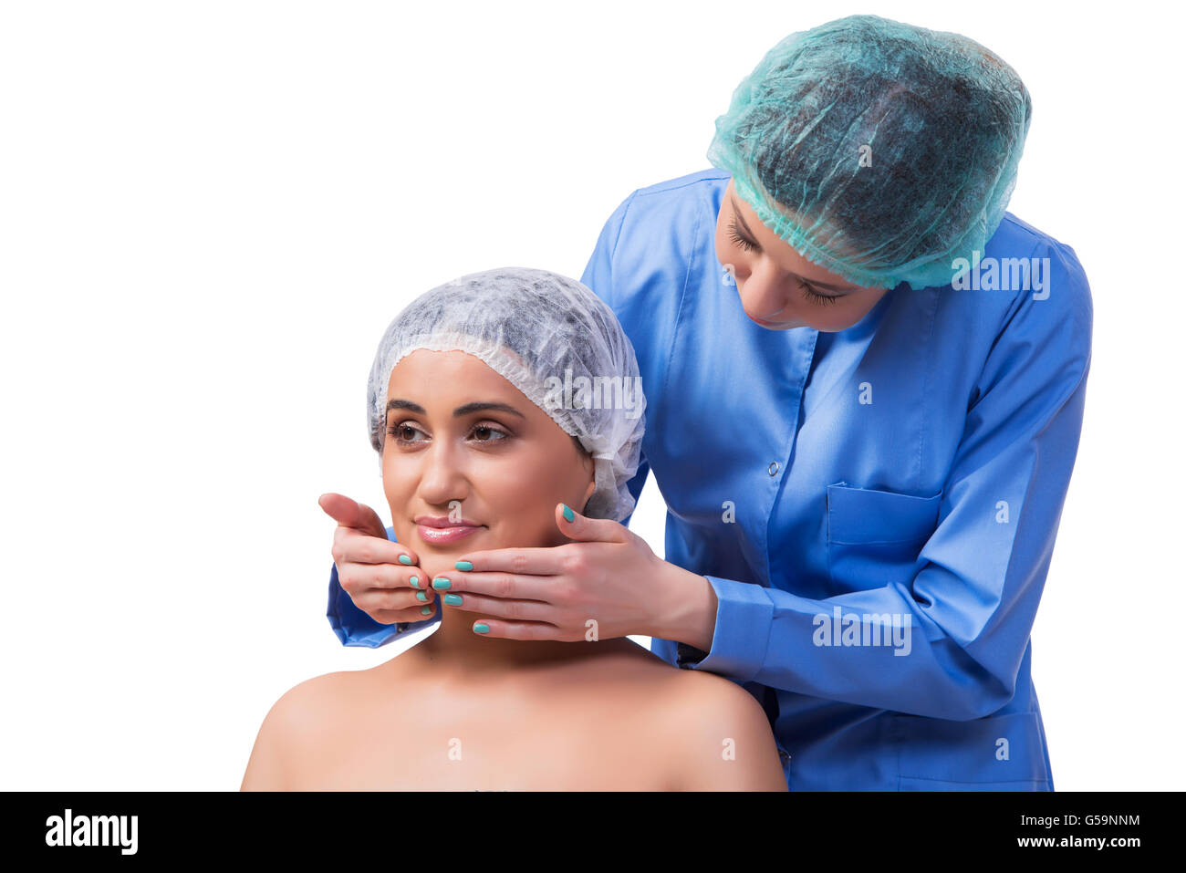 Young woman preparing for plastic surgery isolated on white Stock Photo ...