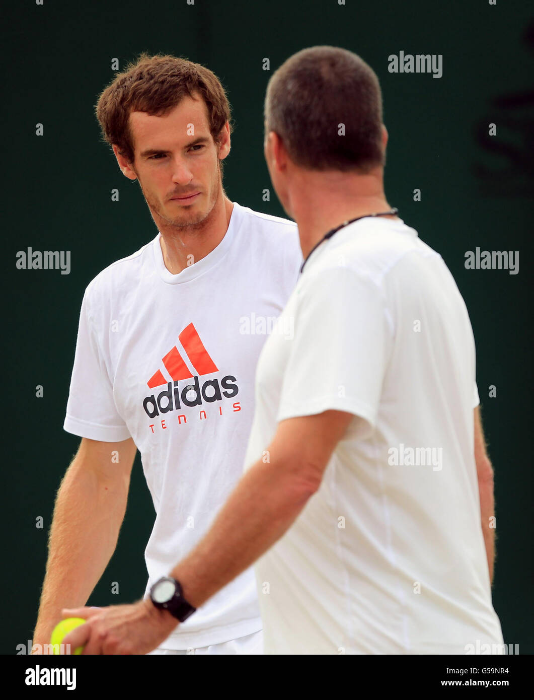 Great Britain's Andy Murray and coach Ivan Lendl during practice on day ten of the 2012 ...