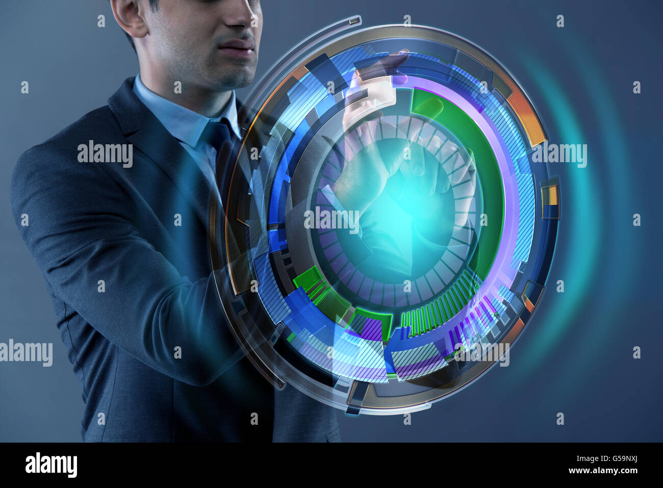 Businessman pressing virtual button in futuristic concept Stock Photo ...