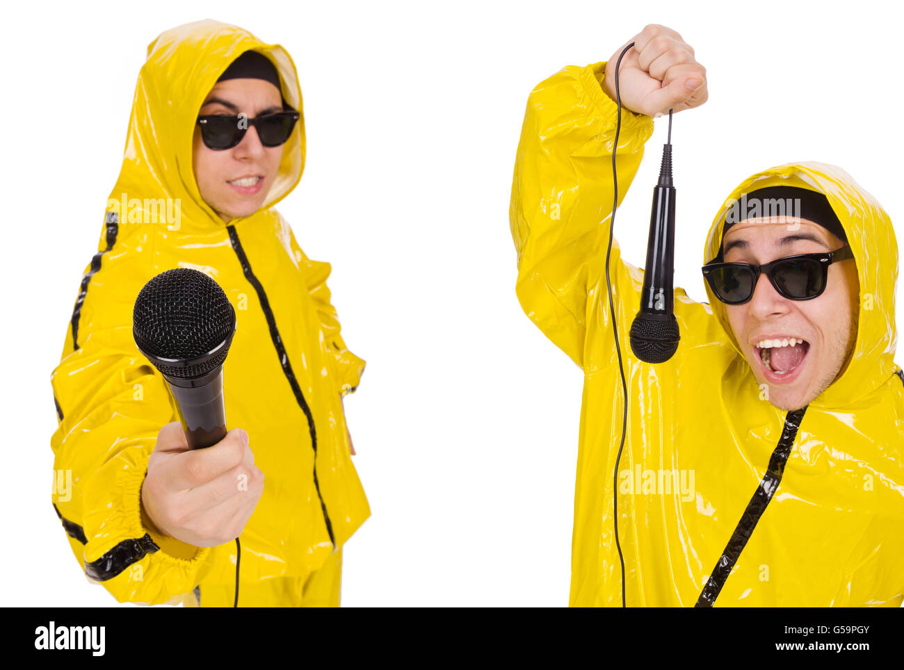 Funny performer with mic isolated on the white Stock Photo - Alamy