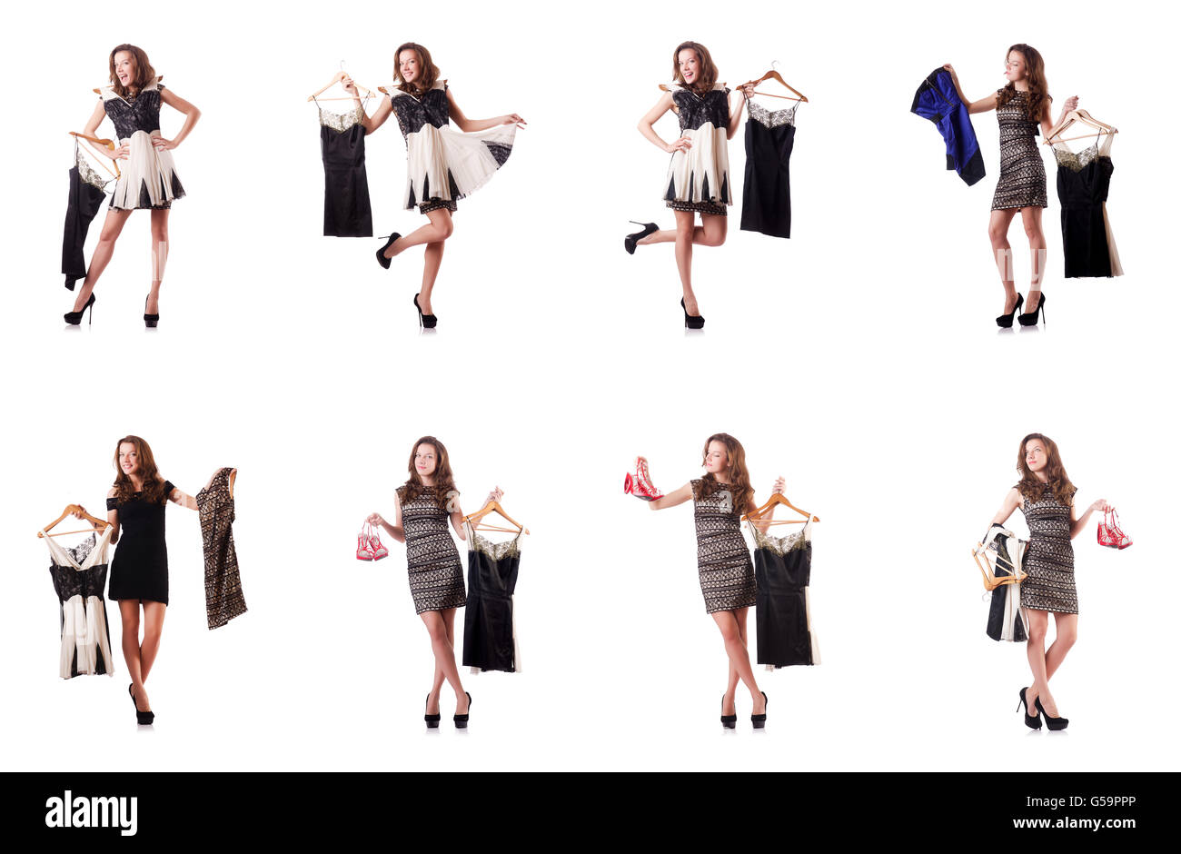 Young woman trying new clothing on white Stock Photo - Alamy