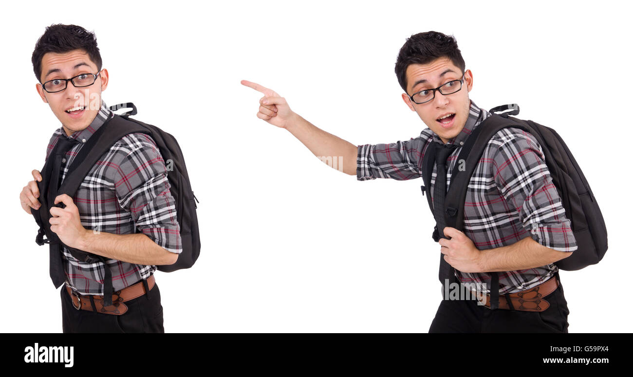 Young employee with backpack isolated on white Stock Photo - Alamy