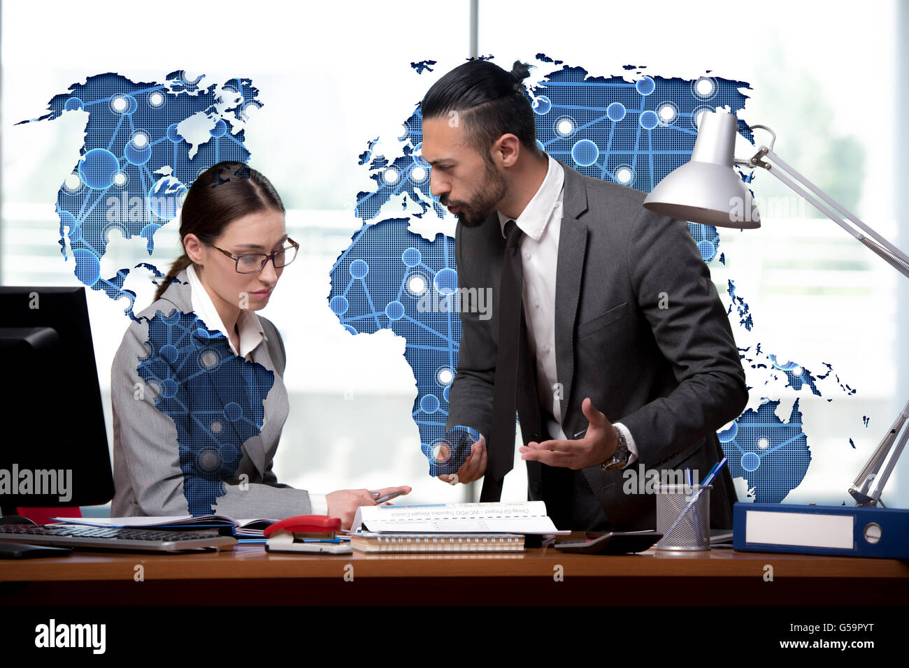 Man and woman discussing problems in globalisation concept Stock Photo ...