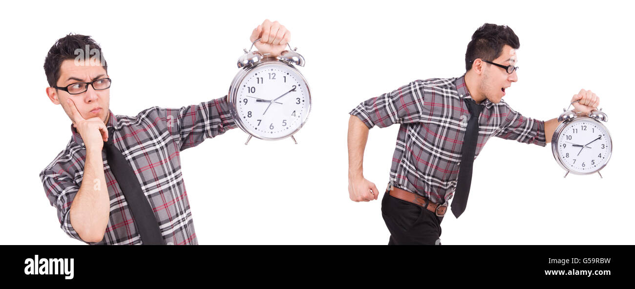 Young man with clock isolated on white Stock Photo - Alamy