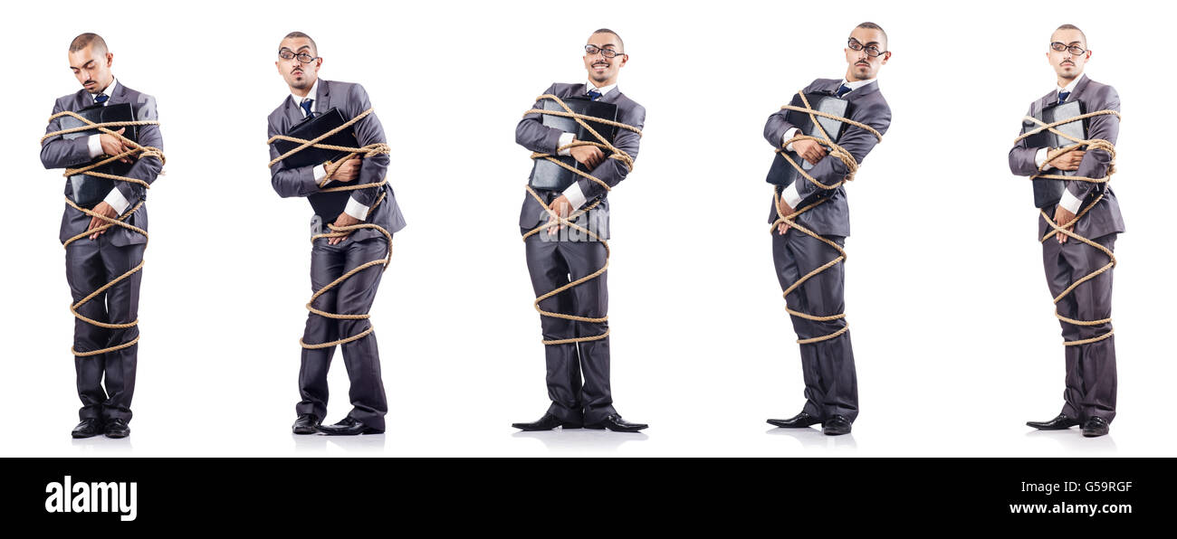 Man tied up isolated on white Stock Photo - Alamy