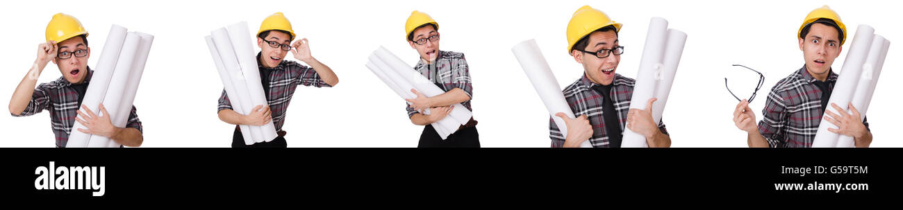 Funny man with blueprints on white Stock Photo - Alamy