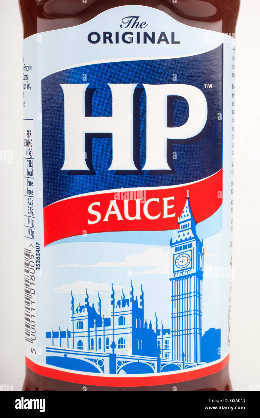 LONDON, UK - JUNE 16TH 2016: A close-up shot of the HP Sauce logo on a ...