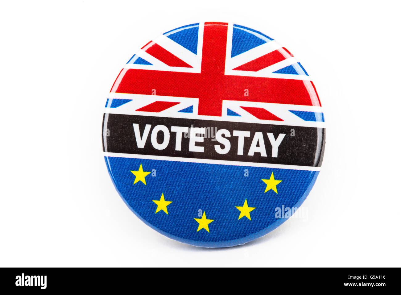 LONDON, UK - JUNE 16TH 2016: A Vote Stay pin badge over a white ...