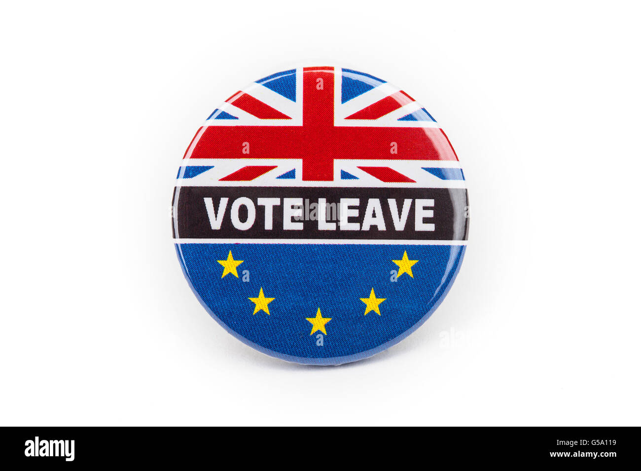 LONDON, UK - JUNE 16TH 2016: A Vote Leave pin badge over a white ...