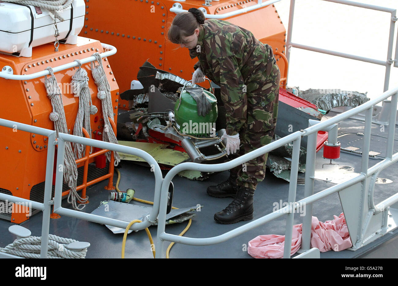 Plane wreckage on Buckie lifeboat after it arrived back in Buckie ...