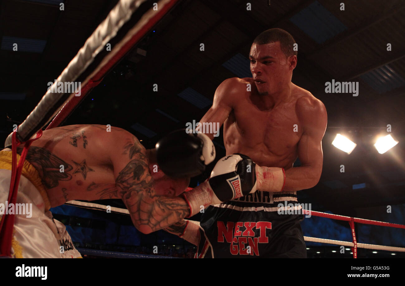 Chris Eubank JR (right) in action against Terry Carruthers at the Hand ...