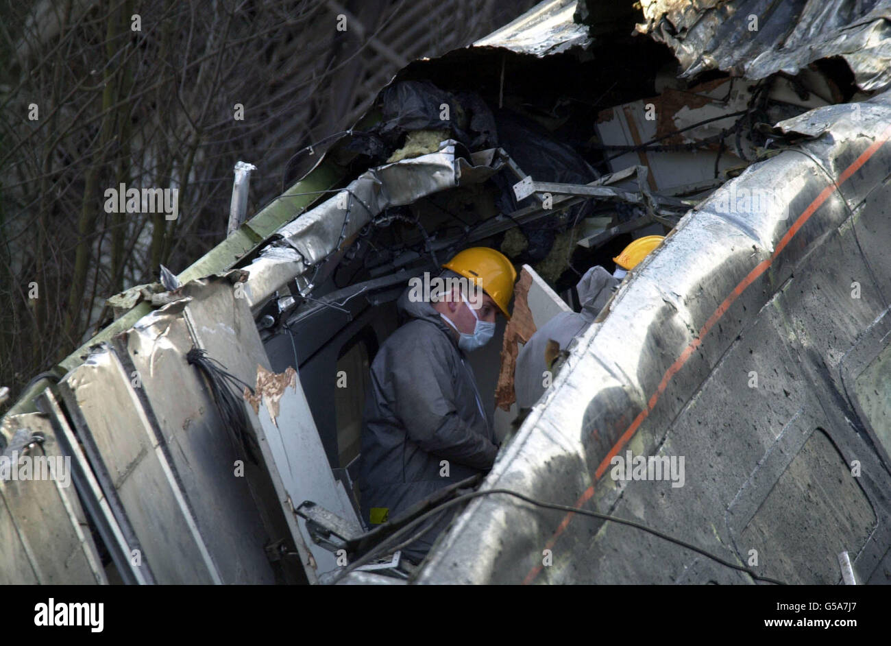 Accident & emergency workers amid the wreckage of one of the carriages ...