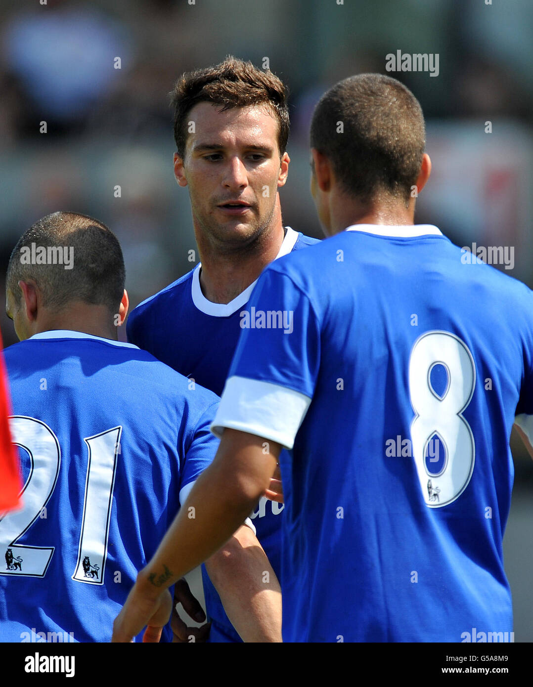 Everton's Apostolos Vellios is congratulated on scoring their second ...