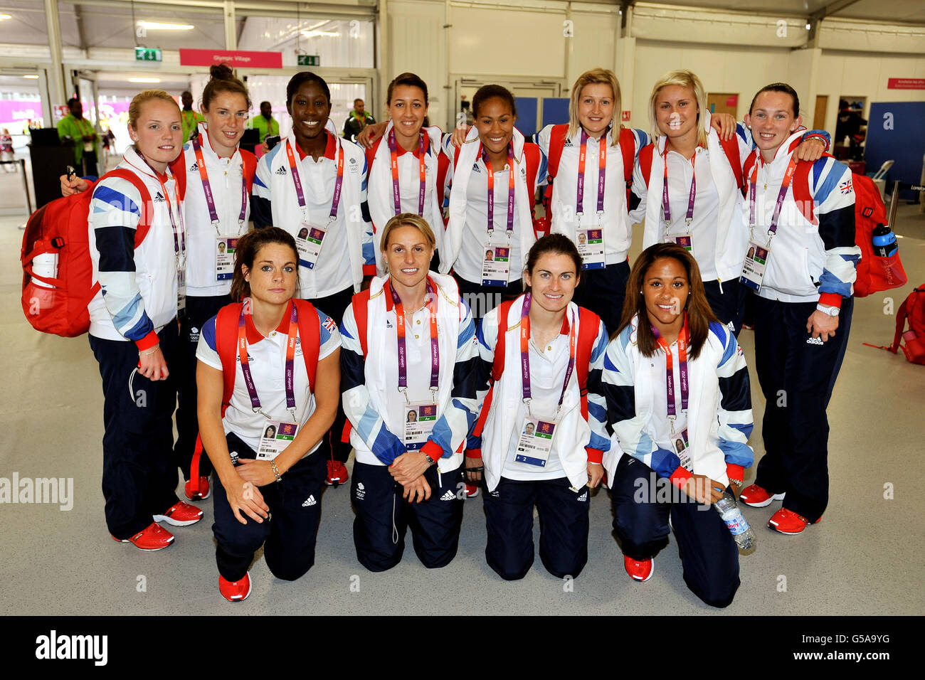 The Great Britain Women's Olympic football team arrive in the reception ...