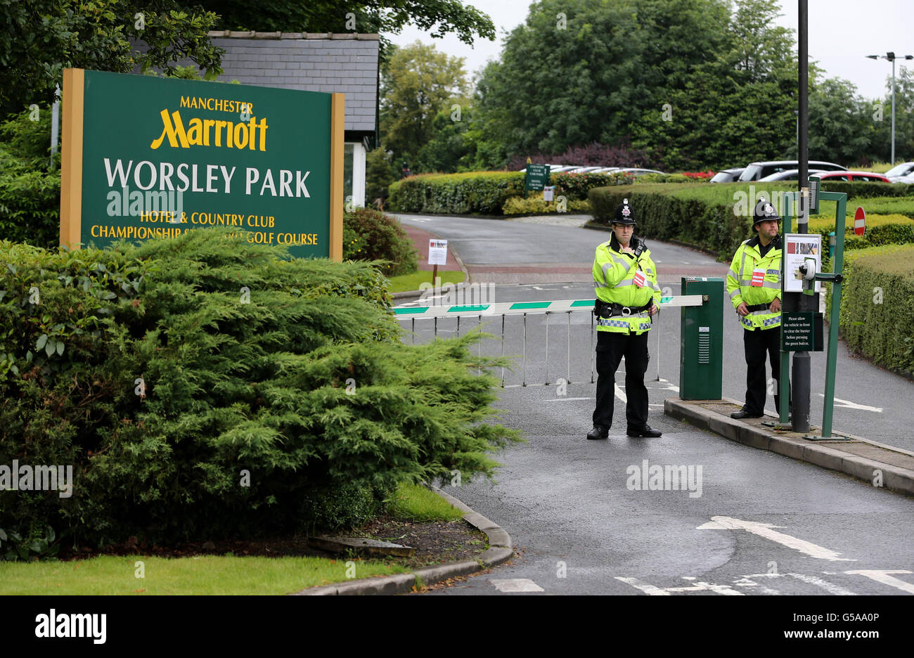 Police officers outside the Marriott Hotel, Worsley Park, in Greater ...