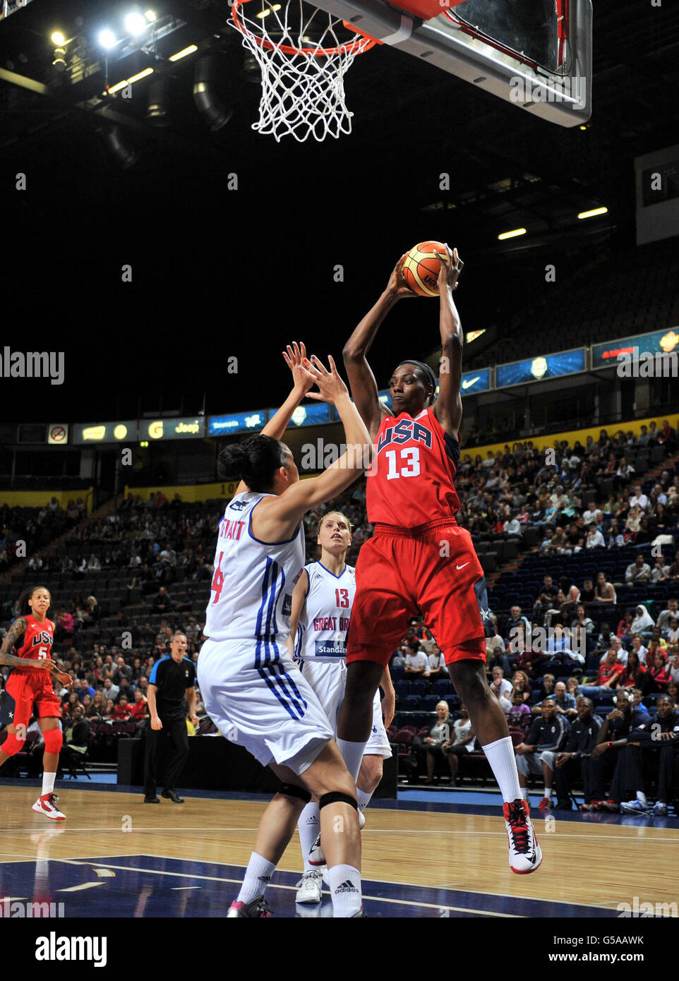 USA's Sylvia Fowles shots over Great Britains Azania Stewart during an ...