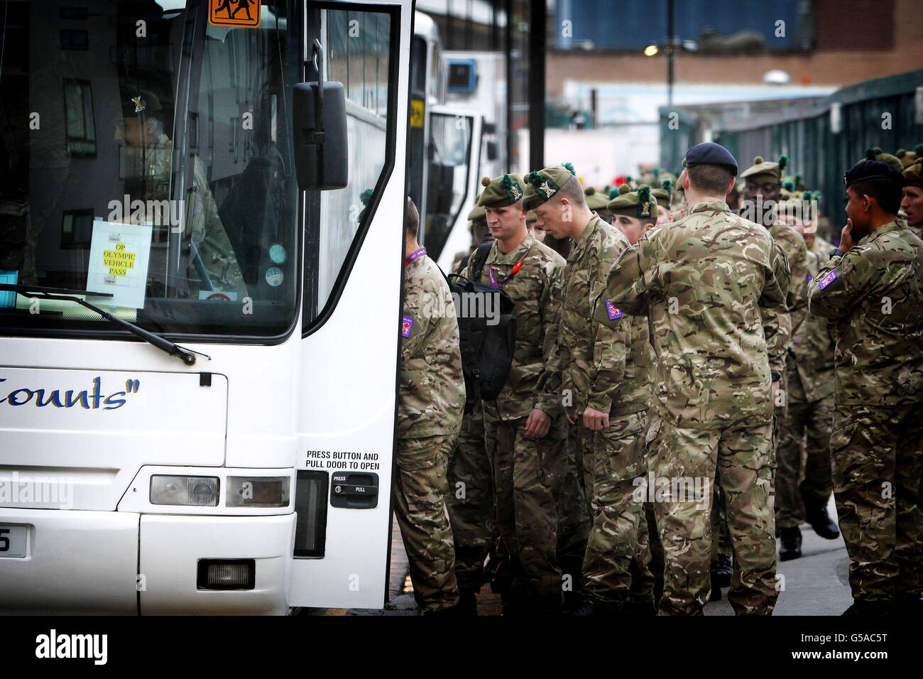 British Army personnel at Tobacco Dock in Wapping, east London, board ...