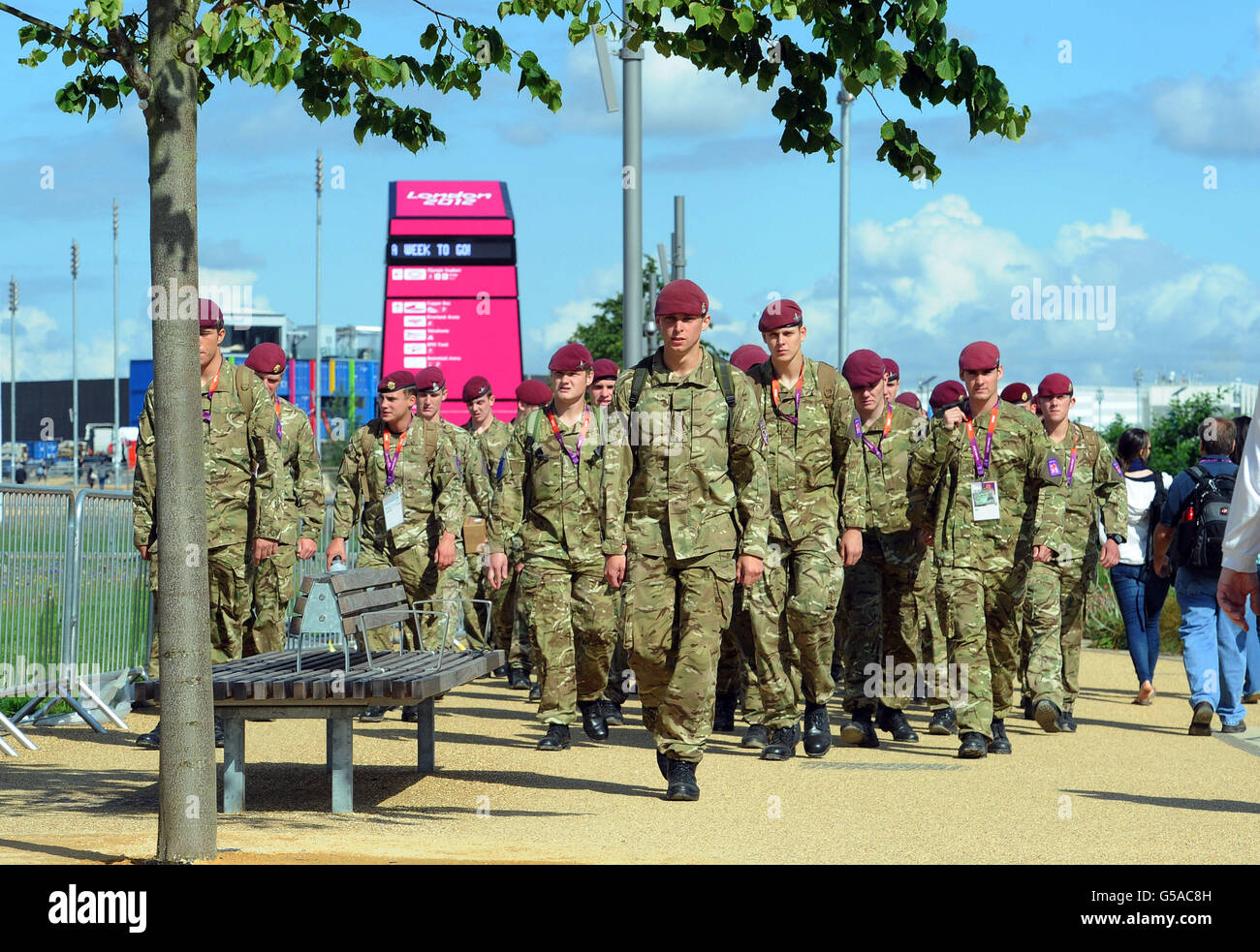 British Army personnel patrol the Olympic Park in Stratford, east ...