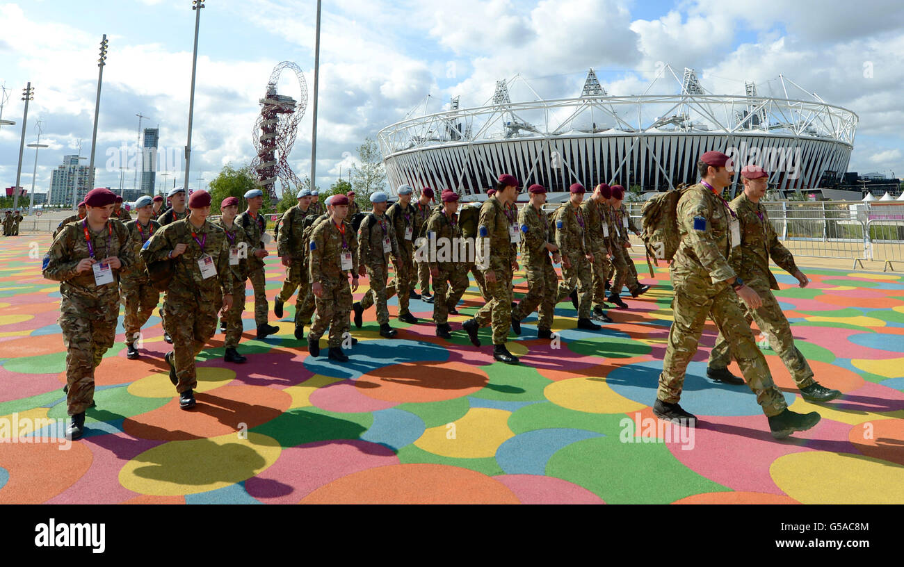 British Army personnel patrol the Olympic Park in Stratford, east ...
