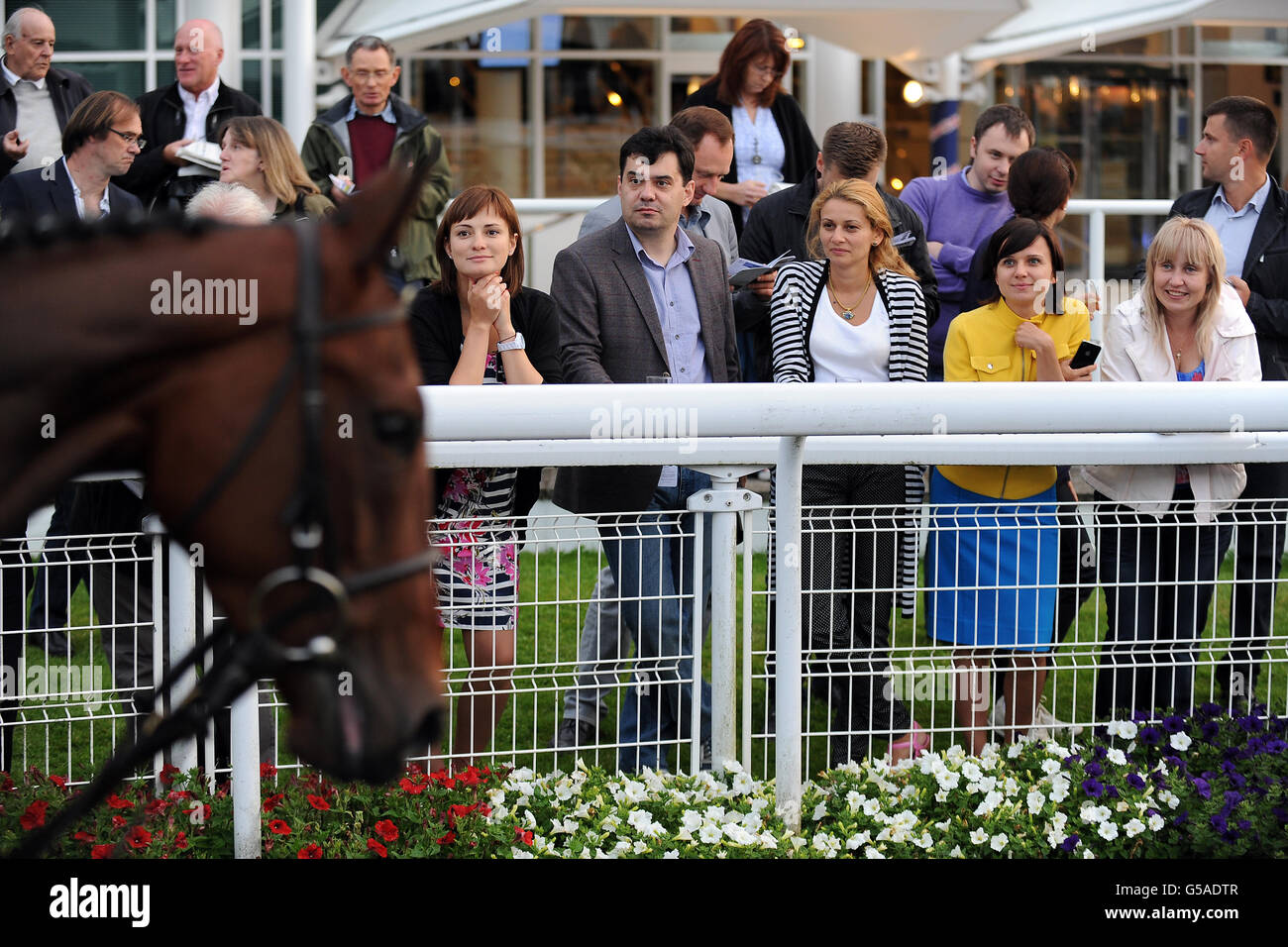 Racegoers watch a horse being led around the parade ring at Epsom Downs ...