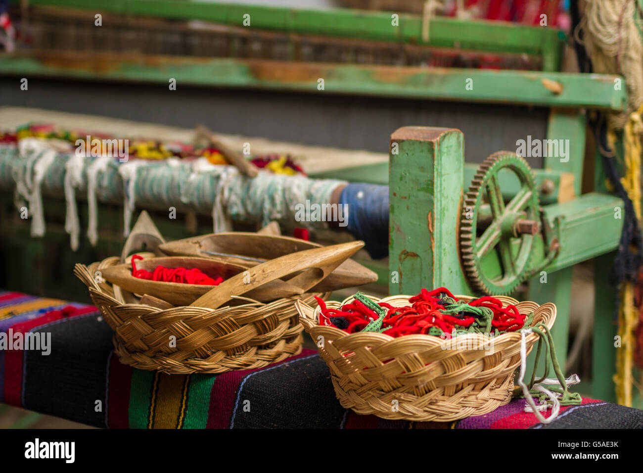 A closeup image of an old weaving Loom and thread of yarn Stock Photo ...