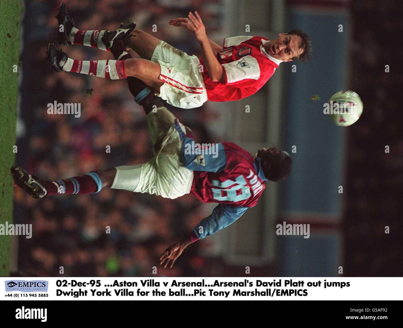 02-Dec-95 ...Aston Villa v Arsenal. Arsenal's David Platt out jumps ...