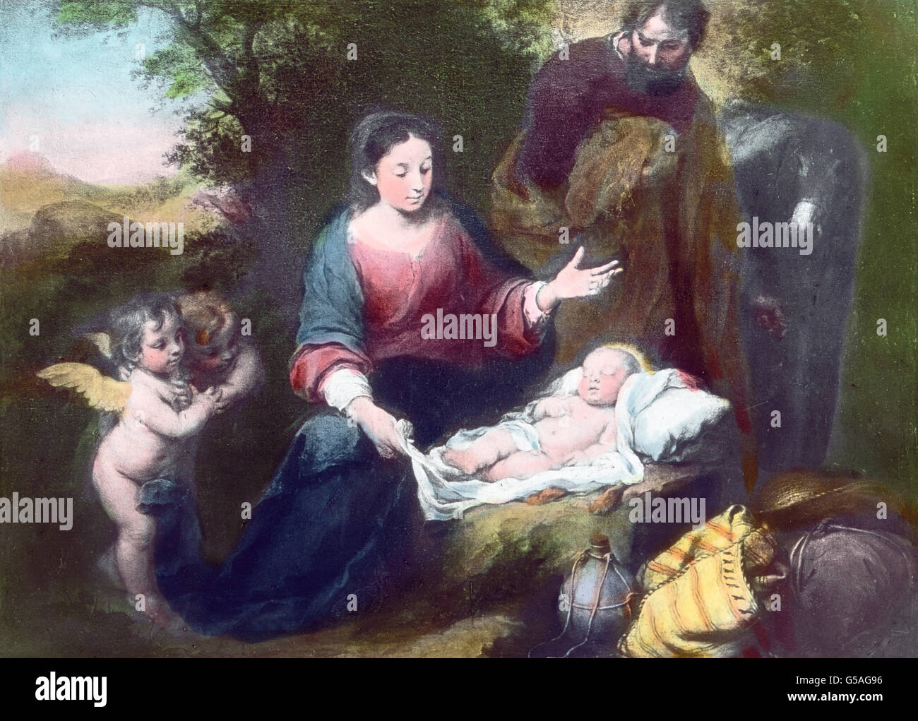 Das schlafende Jesuskind, mit einem Engel, Maria und Josef. Gemälde von ...