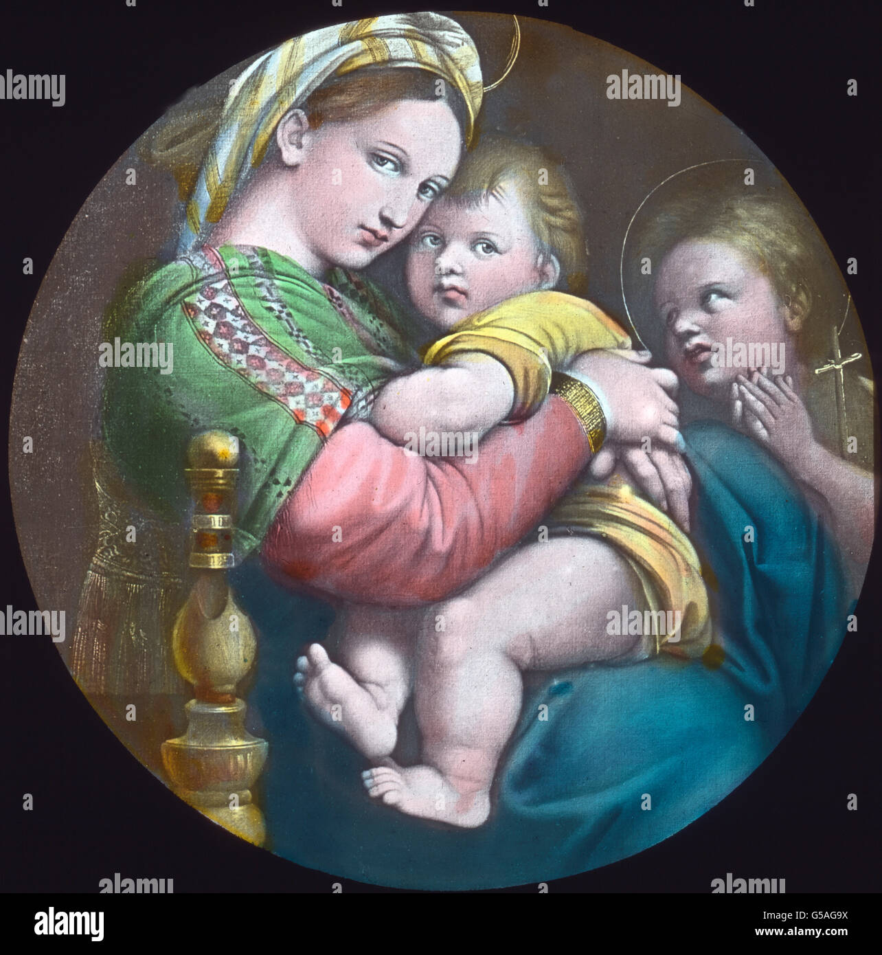 Maria mit dem Kind und Engel. Gemäldeausschnitt von Raphael. Christmas, 15th century, Madonna ...