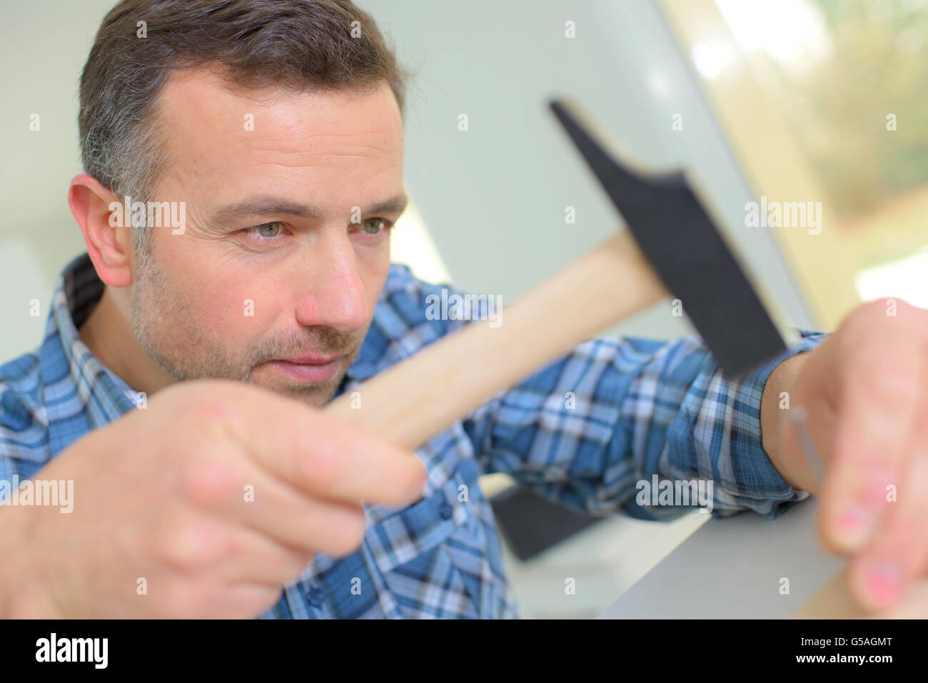 Carpenter using a hammer Stock Photo - Alamy