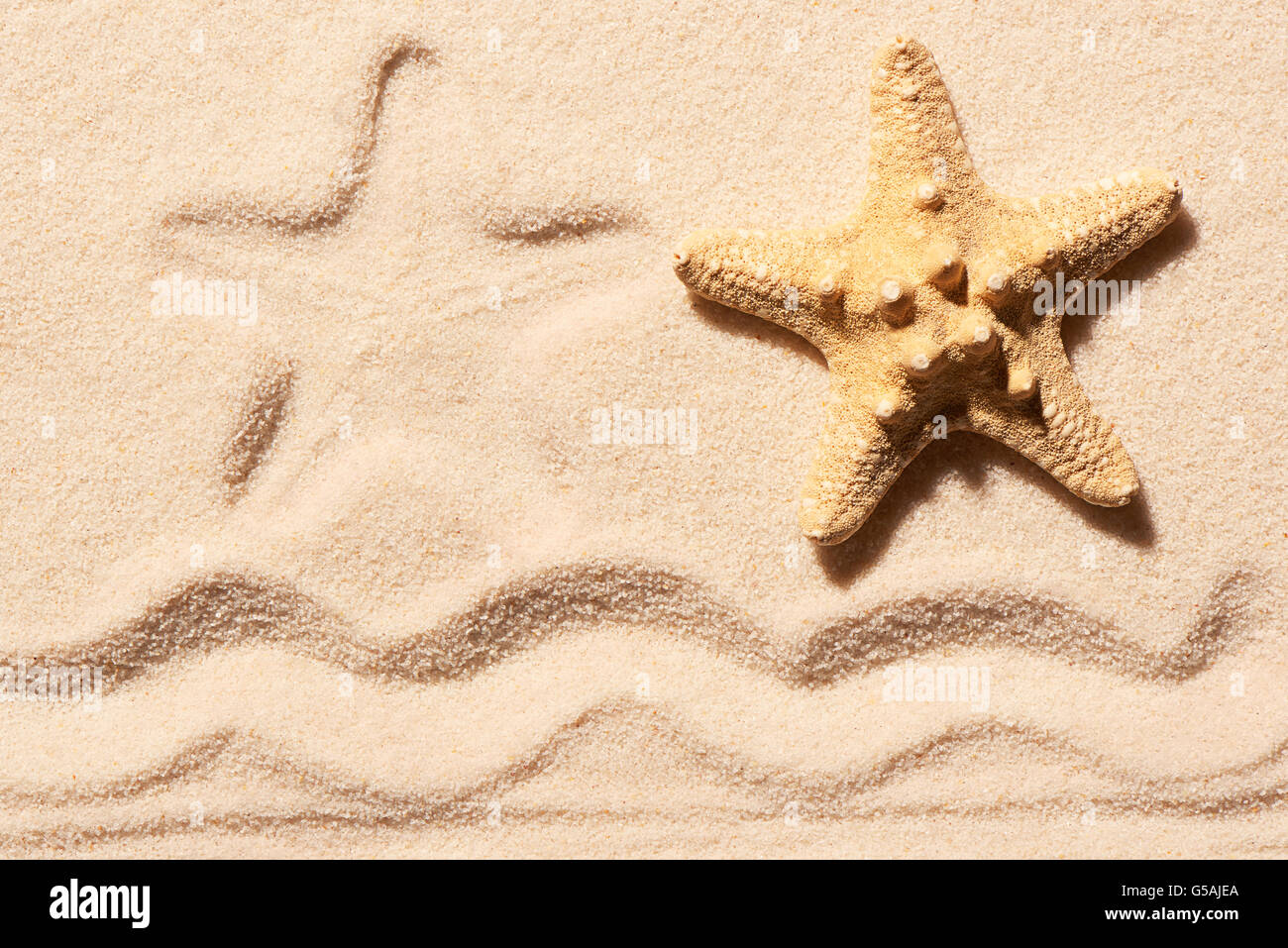 Starfish, mark of starfish and mark of wave on sand. Summer beach ...