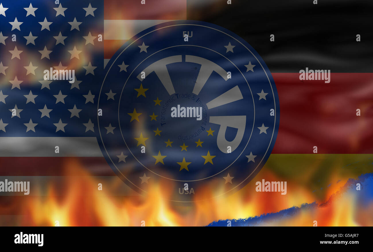 TTIP dark blue europe USA flag design with flames Stock Photo - Alamy