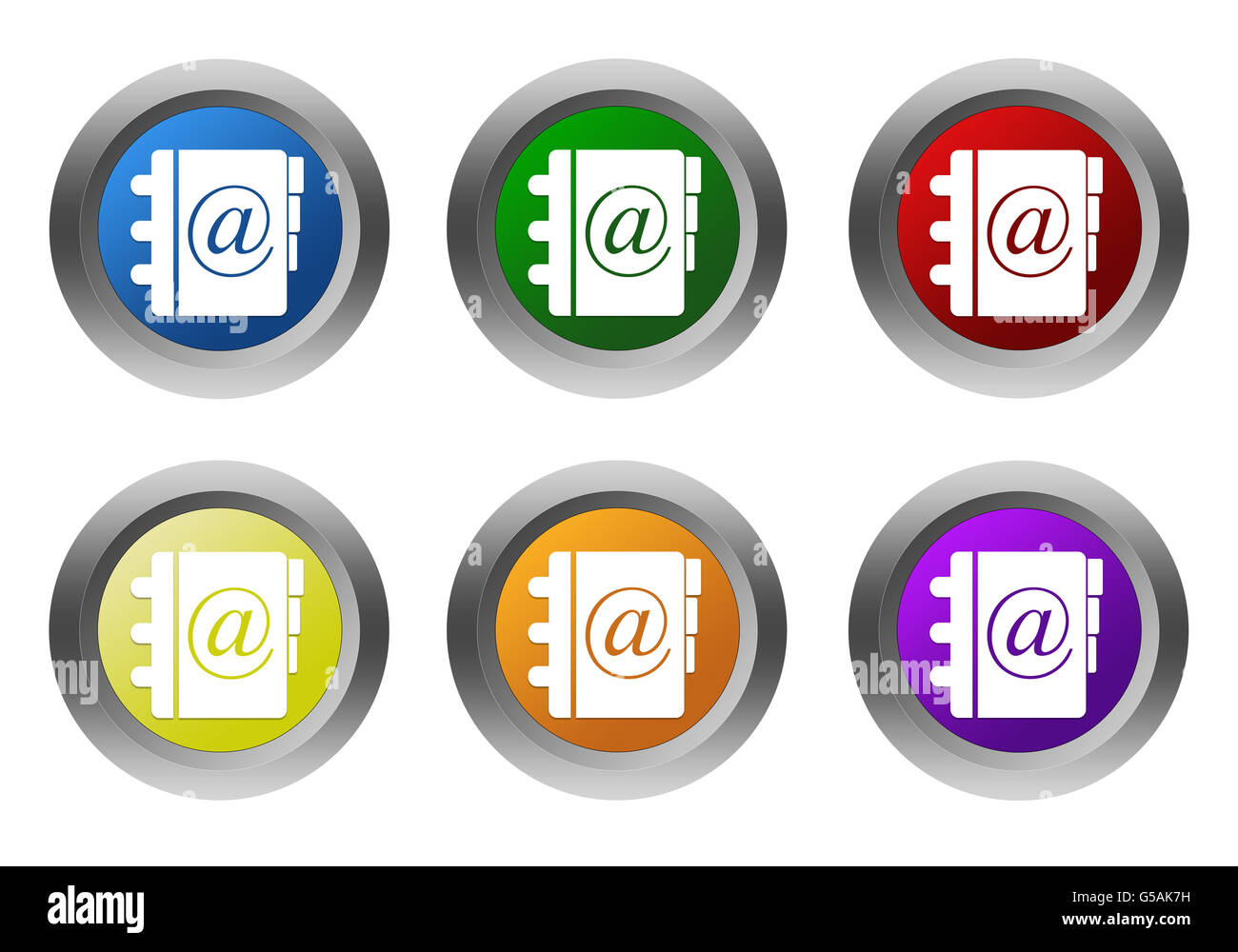 Set of rounded colorful buttons with address book symbol in blue, green ...