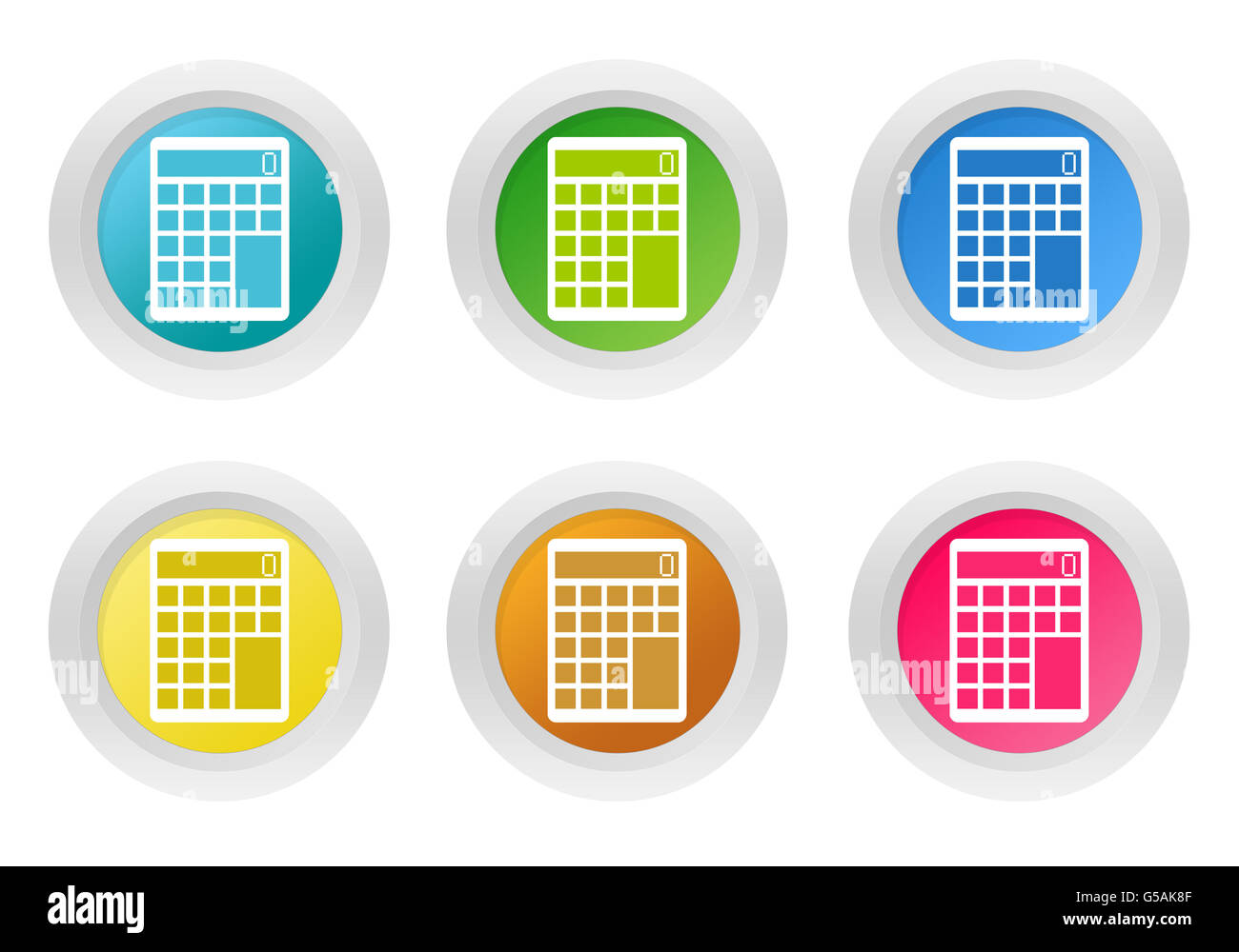 Set of rounded colorful icons with calculator symbol in blue, green ...