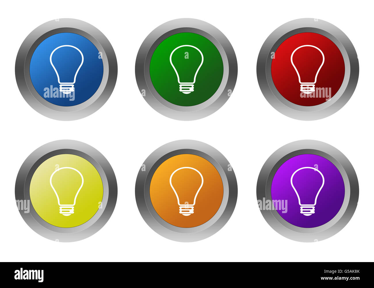 Set of rounded colorful buttons with bulb symbol in blue, green, yellow ...