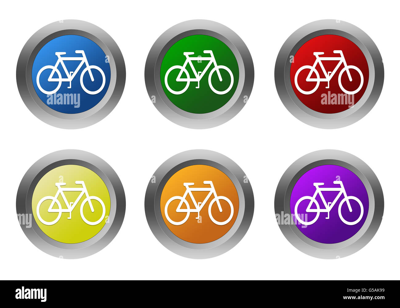 Set of rounded colorful buttons with bicycle symbol in blue, green ...