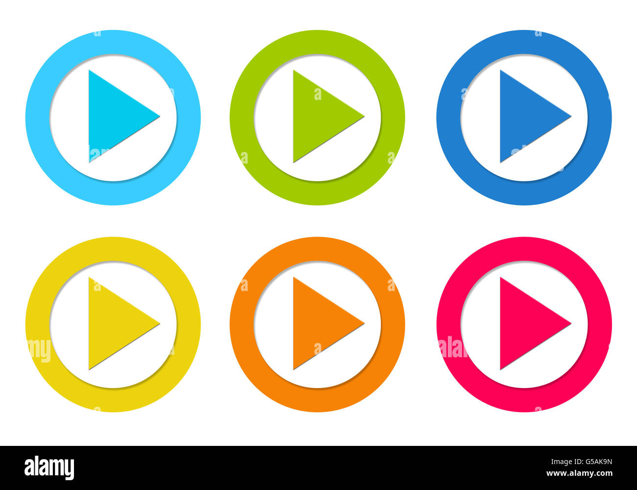 Set of colorful buttons with arrow symbol in blue, green, yellow, pink ...