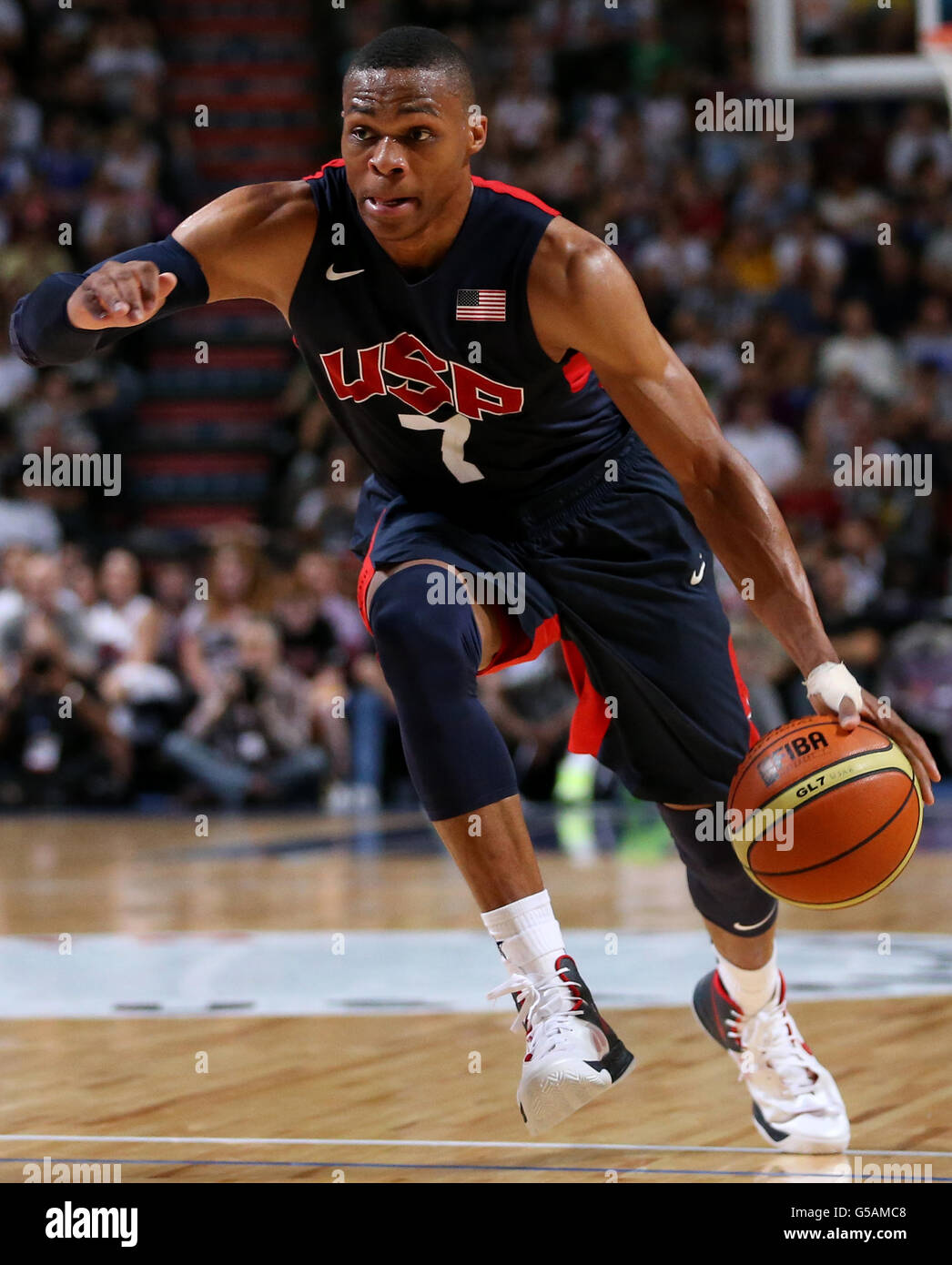 Russell Westbrook of the USA during an Olympic warm up match against ...
