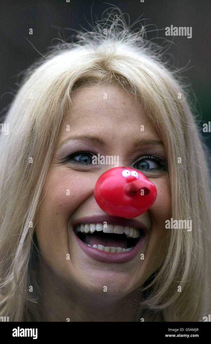 Melinda Messenger wears a red nose at the City Fun Run for Comic Relief ...