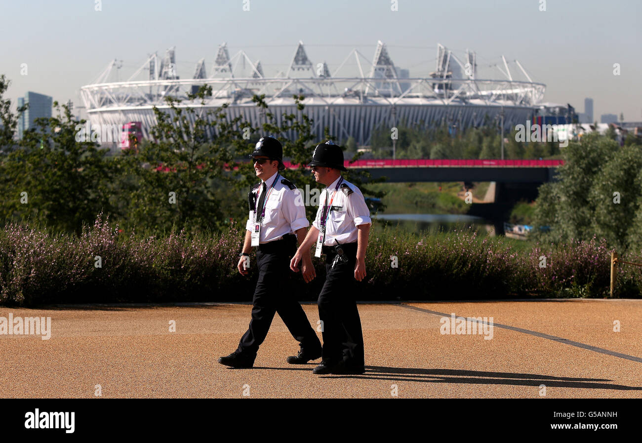 Police officers on patrol at the Olympic Park in Stratford, London ...
