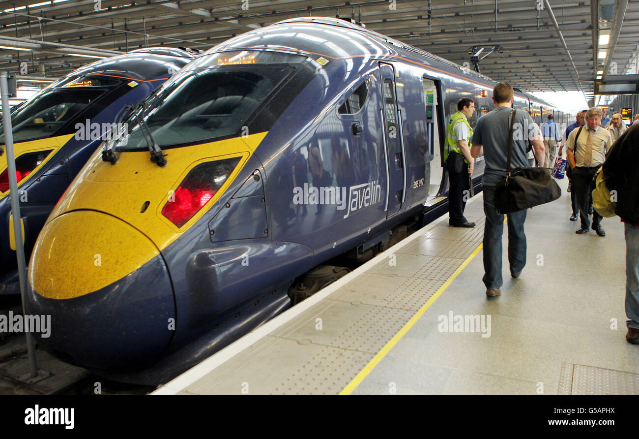 A high-speed Javelin train serving the Olympic Park in Stratford, east ...