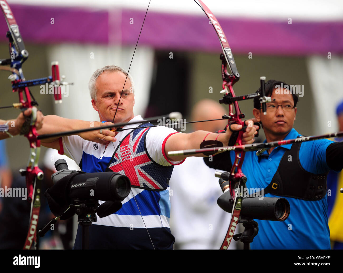 Great Britain's Simon Terry in action during the Men's Individual Archery Ranking Round at Lords ...