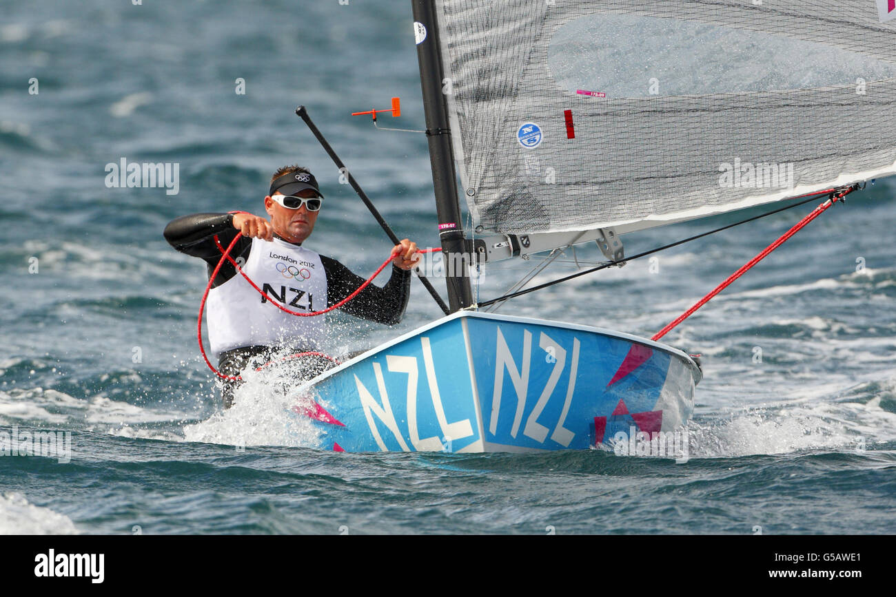 New Zealand's Finn sailor Dan Slater racing at the Olympics in Weymouth ...